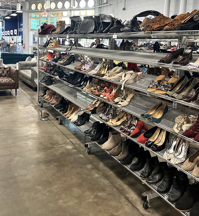 Shoe paradise where footwear fantasies come true – boots, heels, and flats arranged like a department store without the department store prices.