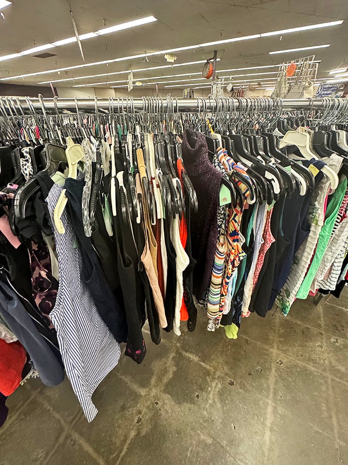 The women's clothing section – where vintage meets variety in a rainbow of fabrics. That dress on the end might have danced at Studio 54 or your next dinner party.