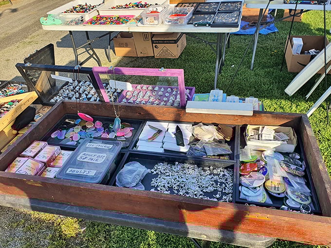 Organized chaos of crafting supplies—where buttons, beads, and baubles await rescue by someone with a Pinterest board and a dream.