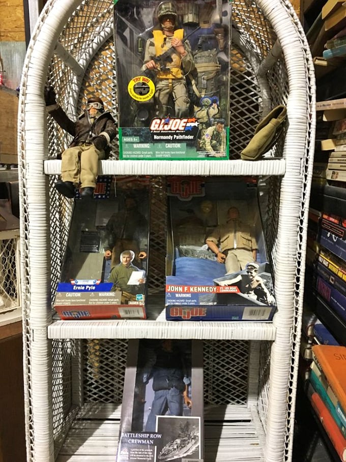 Action figures frozen in patriotic poses—childhood heroes preserved in plastic for collectors who refuse to fully grow up.