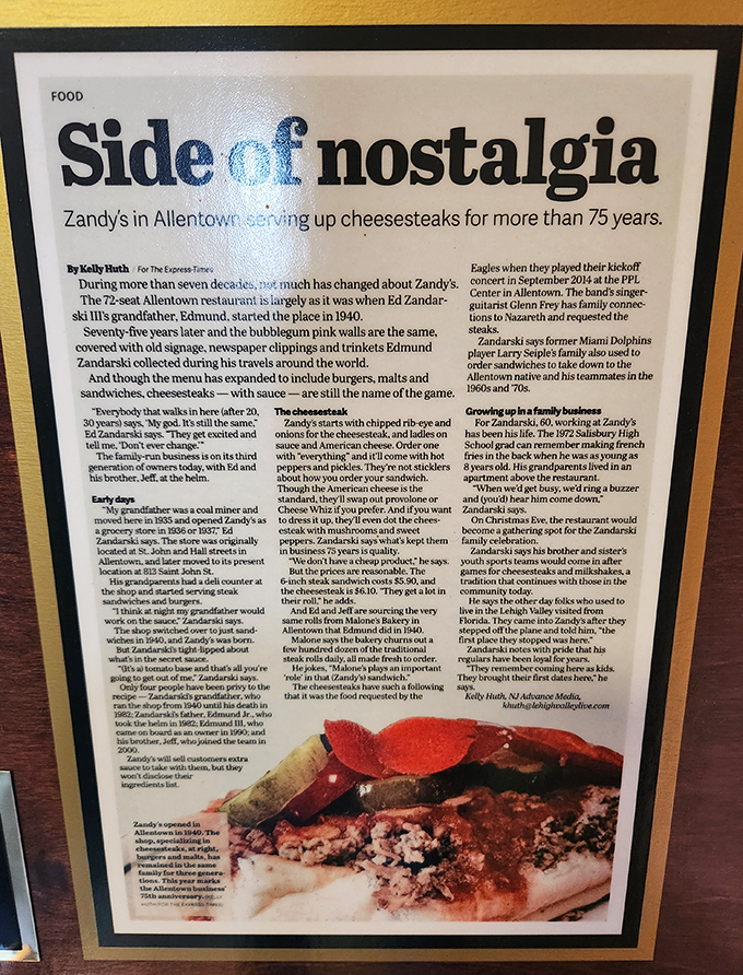 "Side of nostalgia" – the newspaper article tells the story of Zandy's 75+ year legacy. Some restaurants serve food; the special ones serve history.