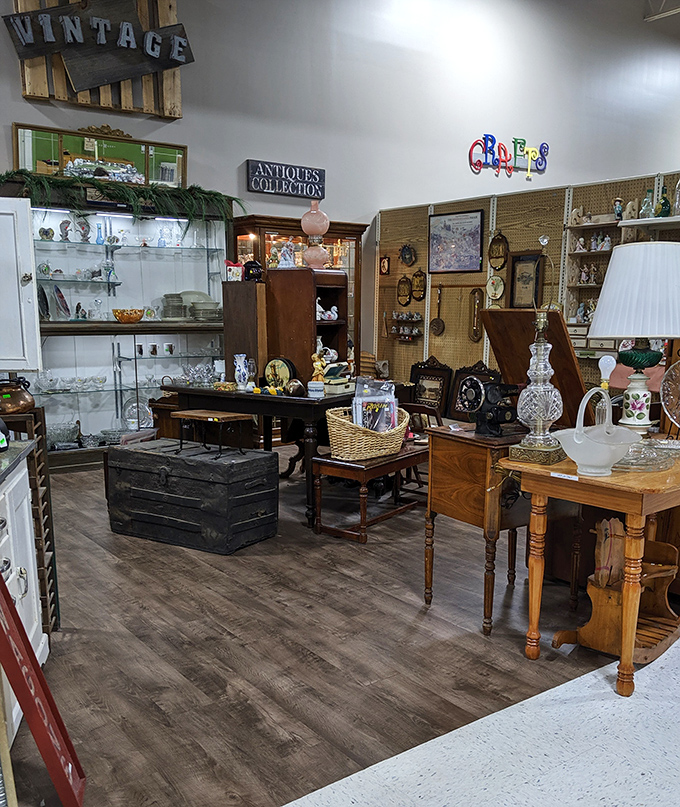 Vintage treasures clustered like a time capsule explosion – that crystal lamp has witnessed decades of late-night reading and family gatherings.