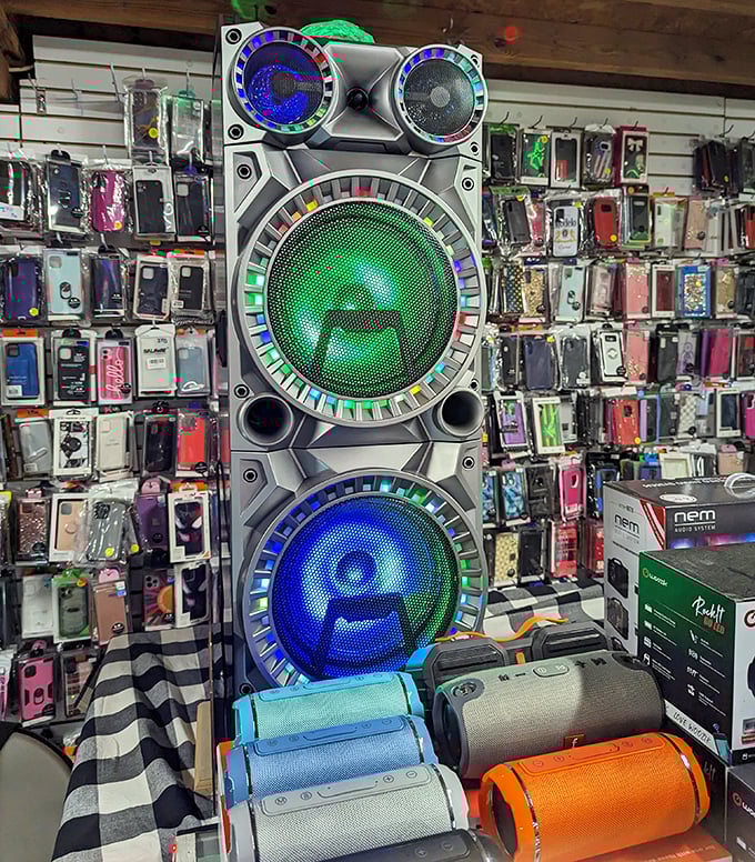 Modern meets vintage in the electronics section. Those illuminated speakers announce "yes, we have absolutely everything" in the universal language of bass.