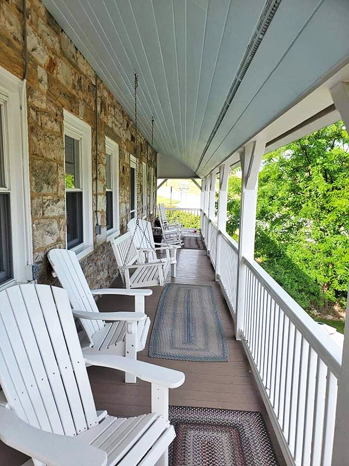 A front porch lined with white rocking chairs—Pennsylvania's version of meditation. The perfect spot to digest both food and centuries of history.