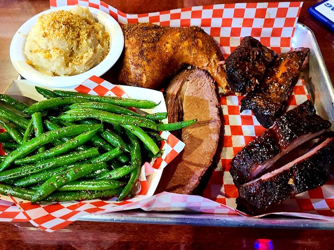 A BBQ sampler that covers all the bases—from smoky ribs to perfectly seasoned green beans. This isn't a meal; it's a meat-lover's fantasy league.