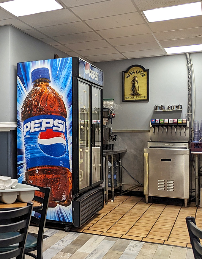 Even the beverage station has that no-nonsense charm – because sometimes you just want a cold soda without a lecture on artisanal brewing methods.