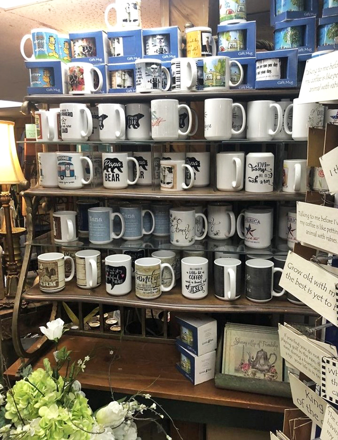 The gift shop's mug collection – because sometimes you need to take a piece of that Farmhouse feeling home with you. Coffee tastes better with memories.
