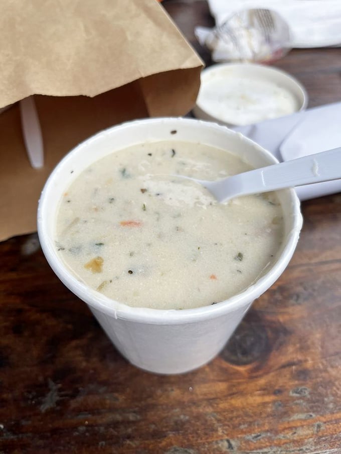 The legendary clam chowder – creamy, hearty, and packed with tender clams. Like a warm hug from the Pacific Ocean itself. 