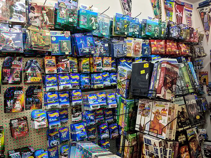 Toy collector paradise where mint-condition Hot Wheels and Star Wars figures wait to fulfill childhood dreams—at adult prices.