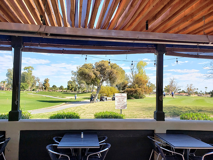 Covered patio dining with golf course views – because great food tastes even better outdoors.