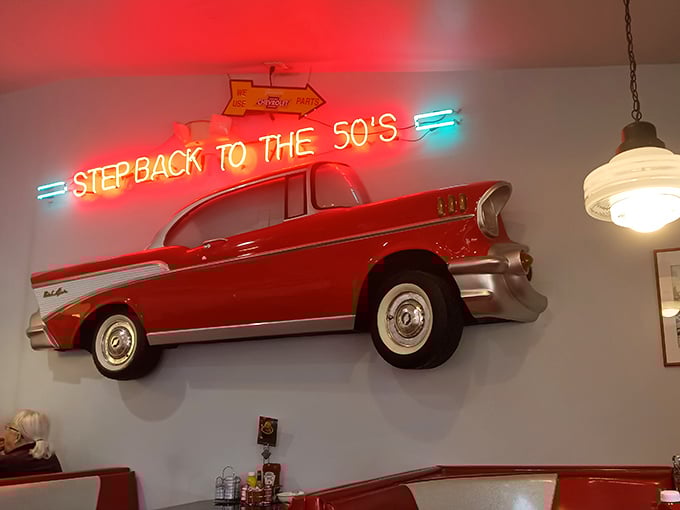 That classic Chevy on the wall isn't just decoration – it's a reminder that American engineering excellence applies to both cars and comfort food.