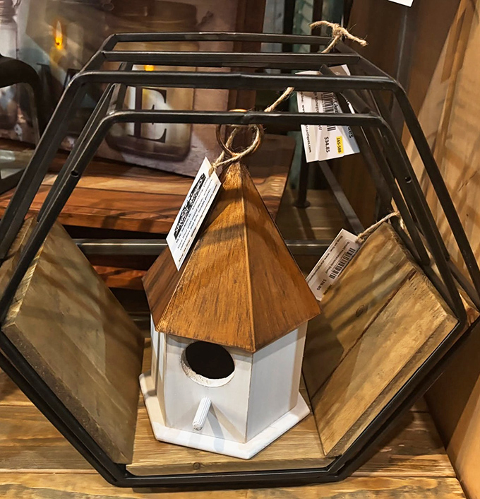 A birdhouse that's more architecturally sound than some human dwellings, displayed in a geometric frame that adds modern flair to vintage charm.