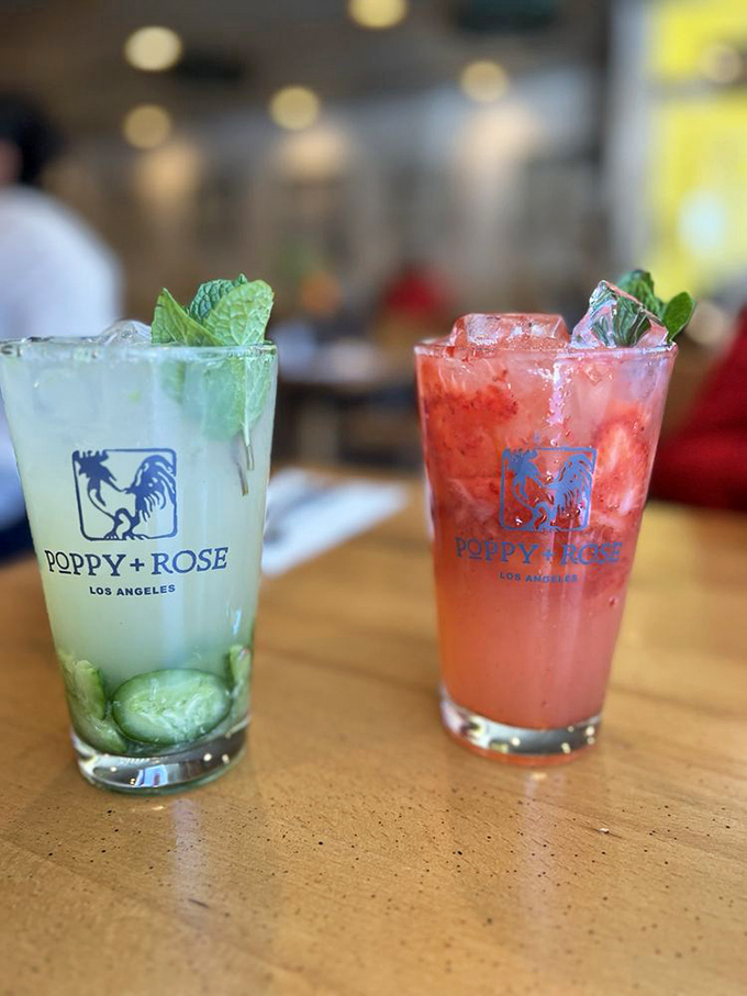 Refreshing beverages that complement rather than compete with the food. That cucumber garnish is more than just pretty.
