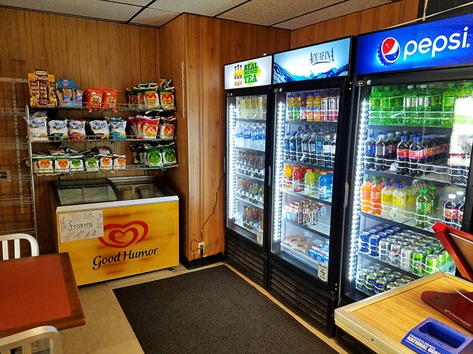 The drink selection covers all bases, from soda to tea. Because fighting barbecue thirst requires serious hydration options.