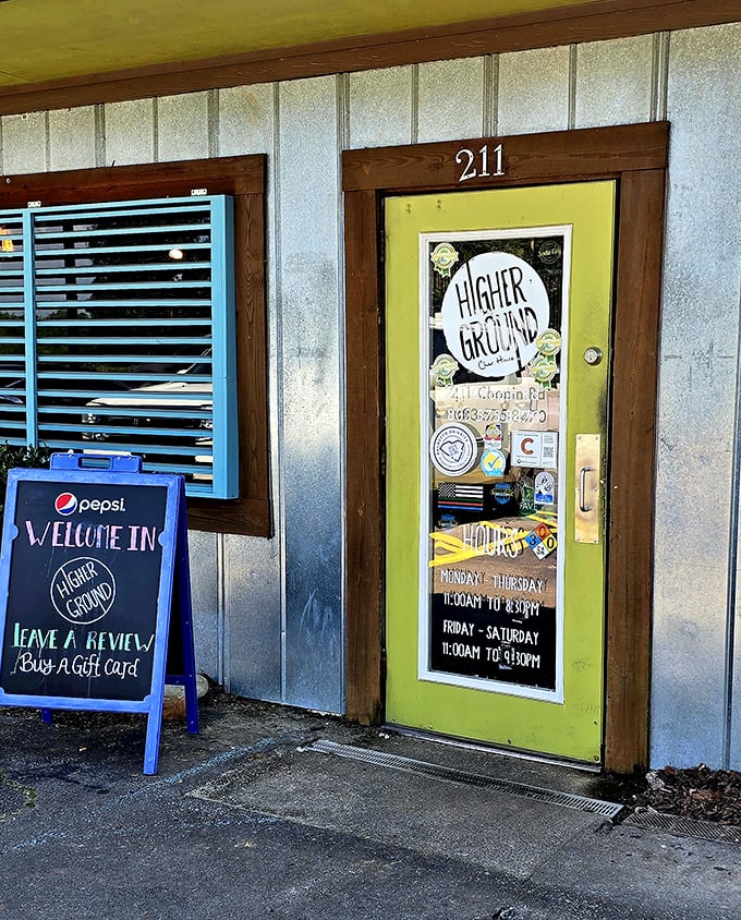 The lime-green door isn't just an entrance—it's a portal to flavor town, with operating hours generously provided for your next culinary adventure.