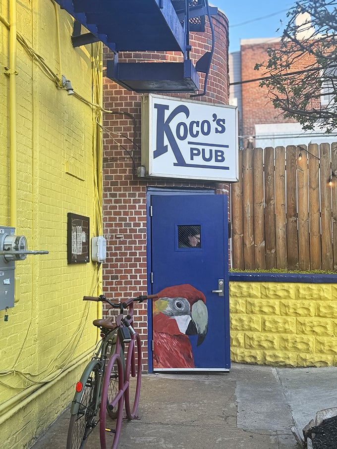 Even the entrance door features a painted parrot—a colorful guardian to the treasure trove of seafood that awaits inside.