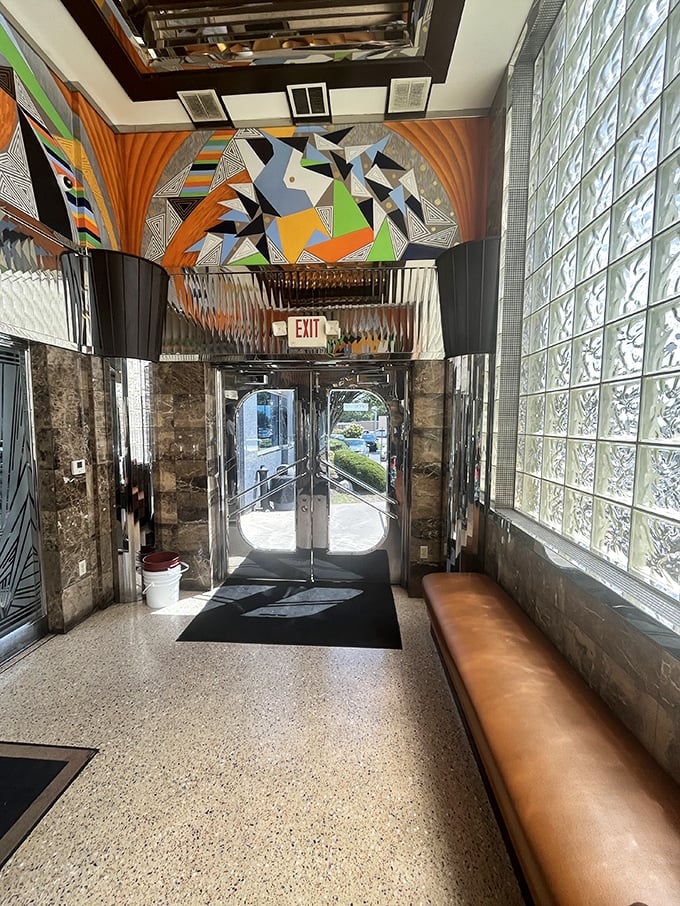 The exit hallway’s glass blocks and geometric art create a surprisingly stylish farewell from the land of breakfast bliss.