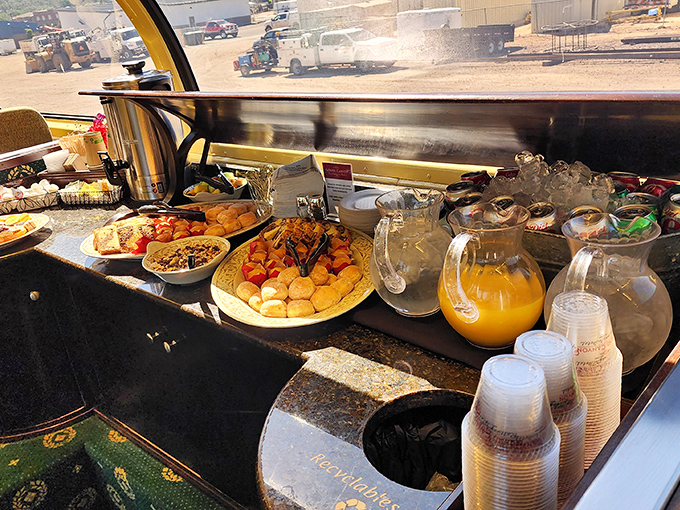 First-class refreshments await on elegant serving trays, because nothing complements spectacular views quite like fresh pastries and cold beverages.