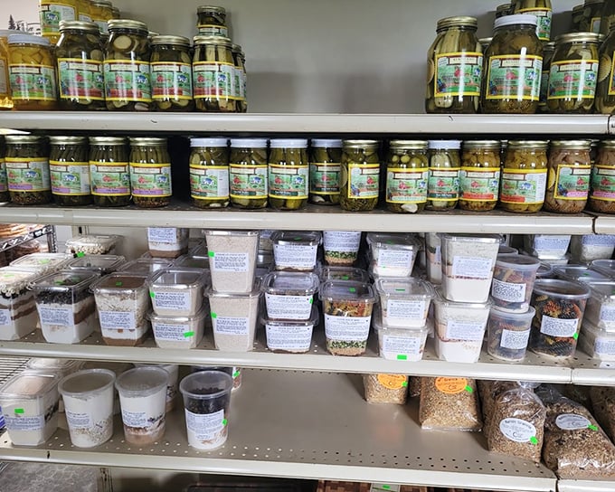 Pickles, preserves, and dry goods line the shelves like edible artwork – proof that the Amish know preservation isn't just for museums.