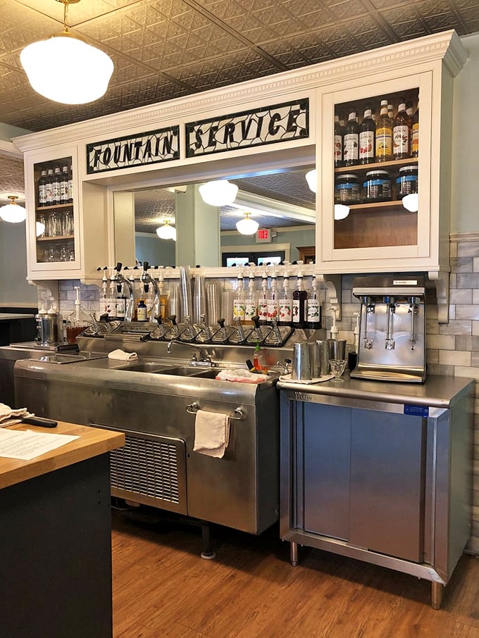 The "Fountain Service" sign isn't just decoration – it's a promise of fizzy, frothy delights crafted with the precision of a Swiss watchmaker.