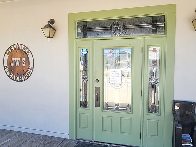 The mint-green door serves as a portal to flavor country—step through and leave your diet worries on the porch.