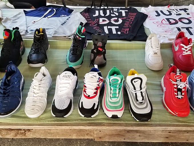 Sneakerheads, rejoice! Limited editions and knockoffs peacefully coexist in this footwear display that's part museum, part fashion statement.
