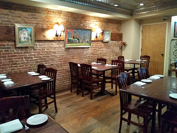 Another dining area where exposed brick and simple furnishings let the food take center stage—no distractions from what matters most.