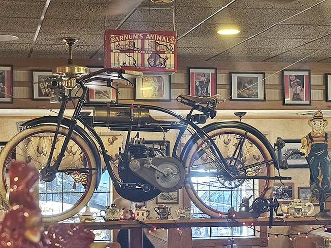 That vintage bicycle suspended from the ceiling isn't just decor—it's a reminder that you'll need exercise after indulging in these portion sizes.