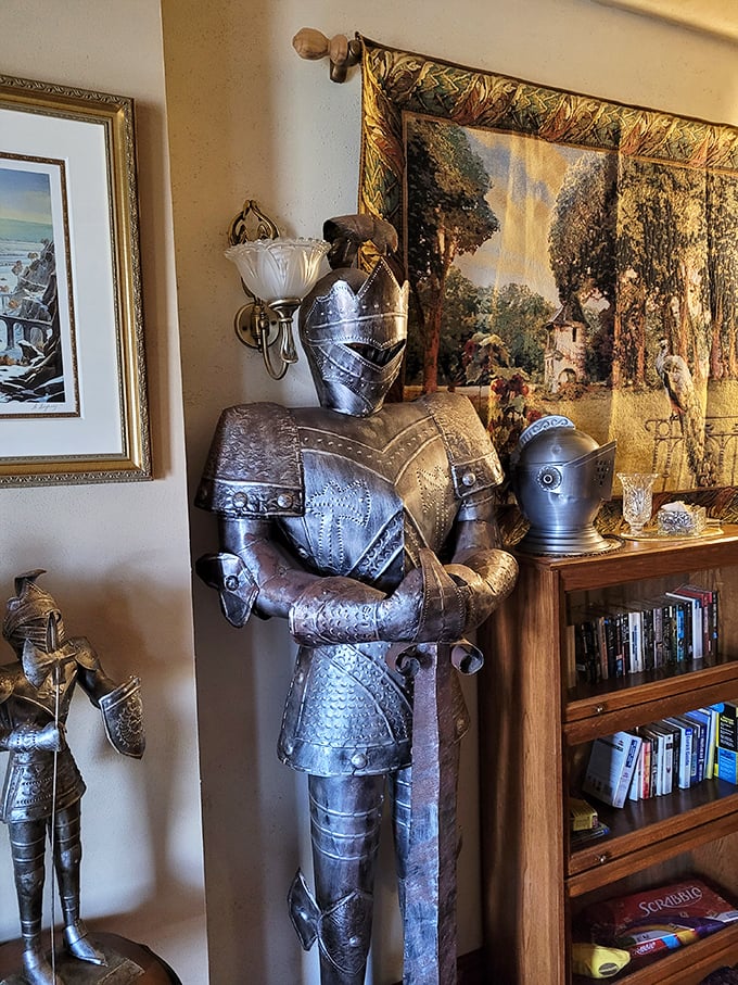 These silent knights stand eternal watch in the castle halls, their armor gleaming as if they might spring to life when visitors turn their backs.