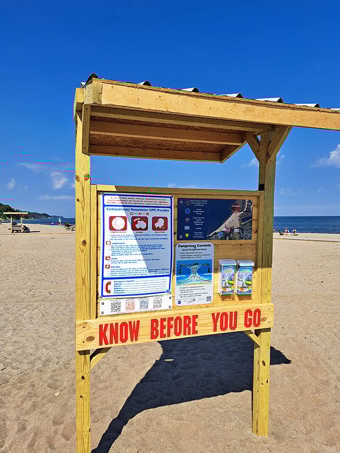 Beach safety first! This "Know Before You Go" station ensures your lake adventure stays on the fun side of memorable.