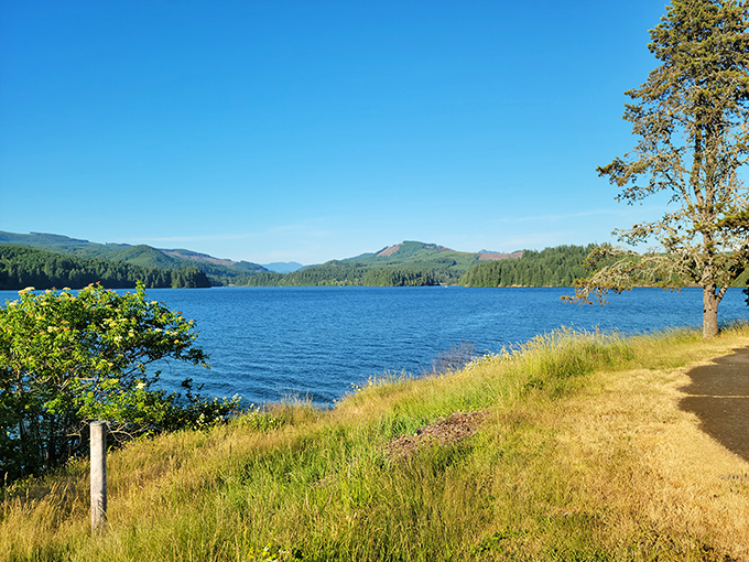 Foster Reservoir's blue waters beckon after a hearty meal. This postcard-perfect scene is why Oregonians tolerate all those rainy days.