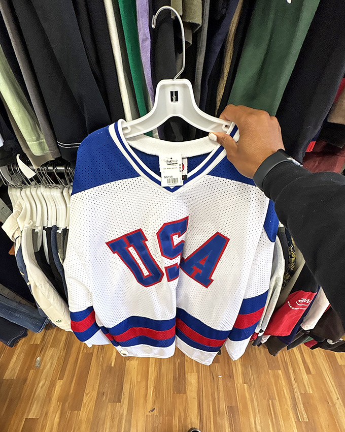 Score! A vintage Team USA hockey jersey waits for its next champion, proving Buffalo Exchange isn't just clothing—it's wearable memorabilia.