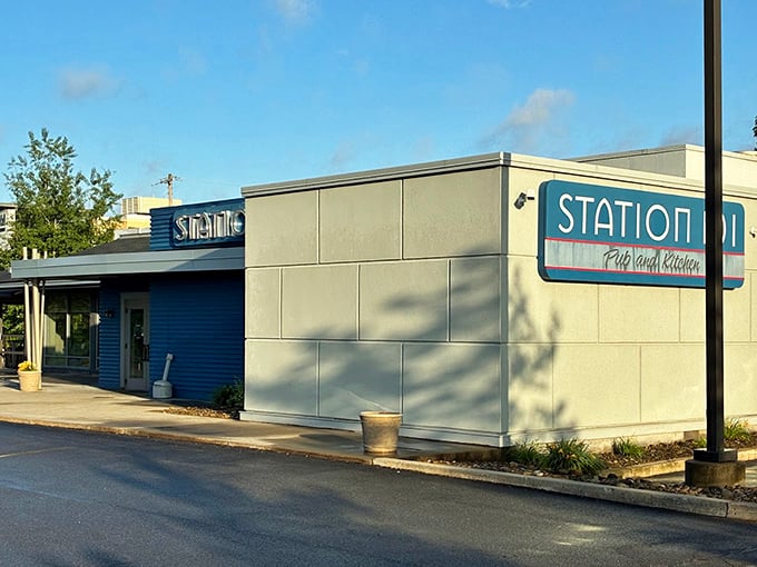 Morning light catches Station 101's exterior, highlighting its blue and white color scheme—like Pennsylvania sky meeting clouds, but with better food inside.
