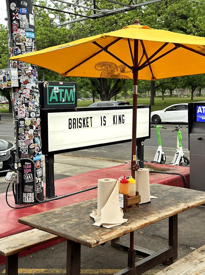 Outdoor dining where the sunshine is free and the meat sweats are socially acceptable—Texas at its finest.
