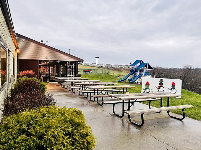Picnic tables await ice cream enthusiasts rain or shine. In Pennsylvania, neither weather nor season stands between people and their dairy fix.