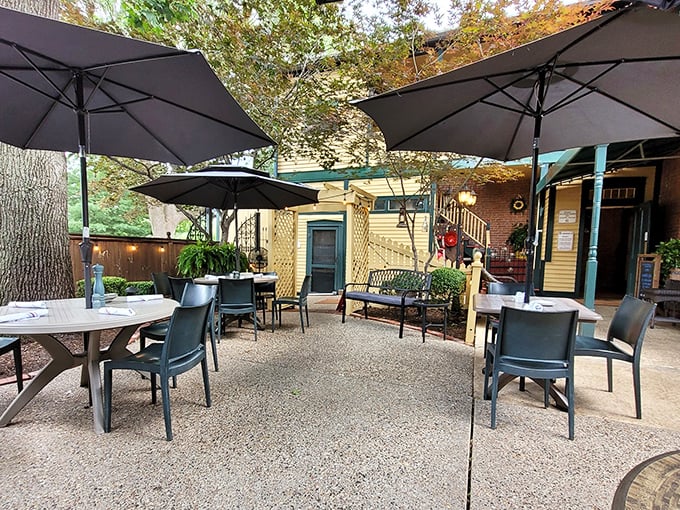 Outdoor seating that invites you to linger just a little longer. Those umbrellas aren't just for shade—they're for extending perfect evenings.