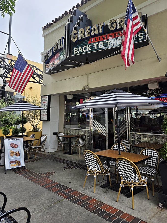 Outdoor seating where you can watch the world go by while traveling back in time – checkered chairs included at no extra charge.