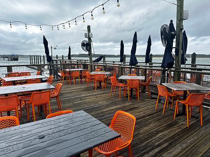 Orange chairs pop against weathered wood like nature's own exclamation points of happiness.