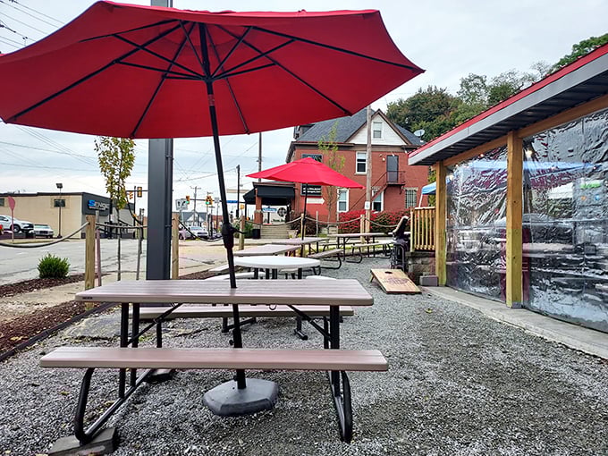 Red umbrellas dot the outdoor seating area, creating little islands of shade where you can savor your feast while enjoying Pennsylvania's finer weather days.