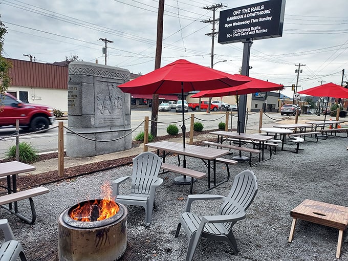 Fire pits and Adirondack chairs transform gravel into an outdoor oasis where smoke signals mean dinner's ready.