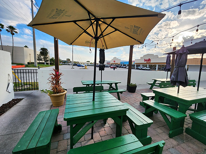 Florida sunshine meets Irish hospitality on this patio, where green picnic tables invite you to enjoy your Guinness with a side of vitamin D.