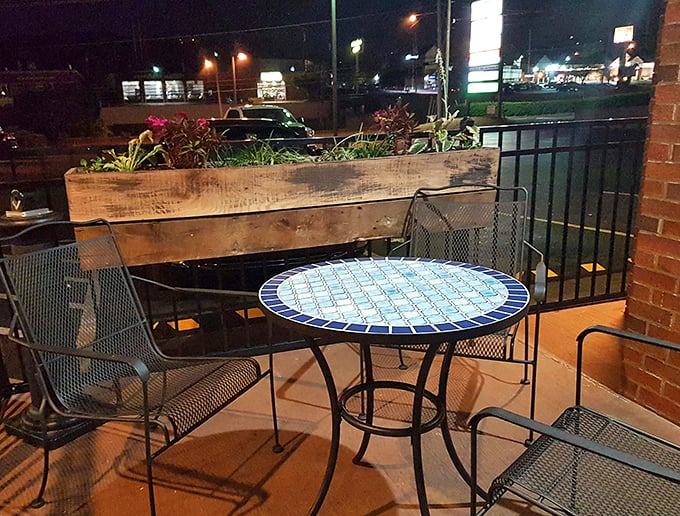 The outdoor seating area—where veterans cool down and newcomers contemplate what just happened to their entire mouth situation.