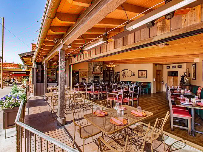 Outdoor dining where red rocks provide the entertainment and your steak provides the main event.