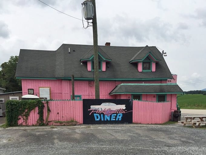 The back view reveals the diner's humble farmhouse origins, now transformed into a pink beacon of comfort food and sweet memories.
