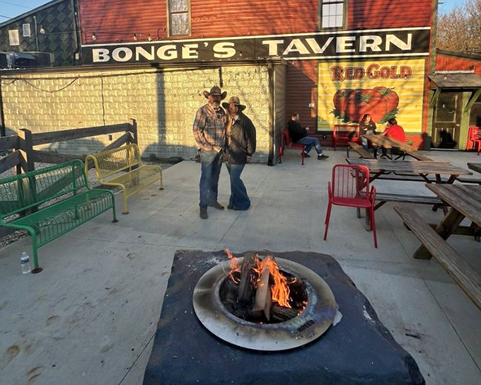 The legendary tailgate area outside Bonge's, where waiting becomes part of the experience. That fire pit isn't just for warmth—it's where friendships are forged.