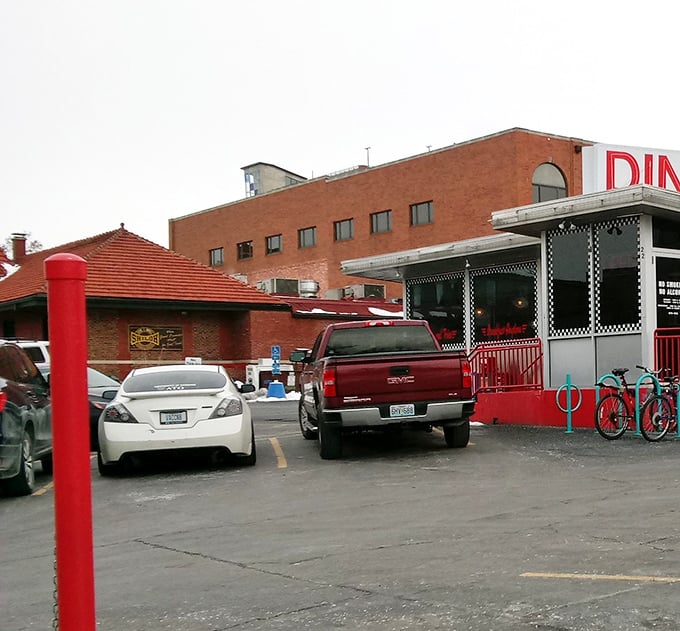 The parking lot—where hungry patrons leave their vehicles before entering a world where calories don't count and gravy is considered a beverage.