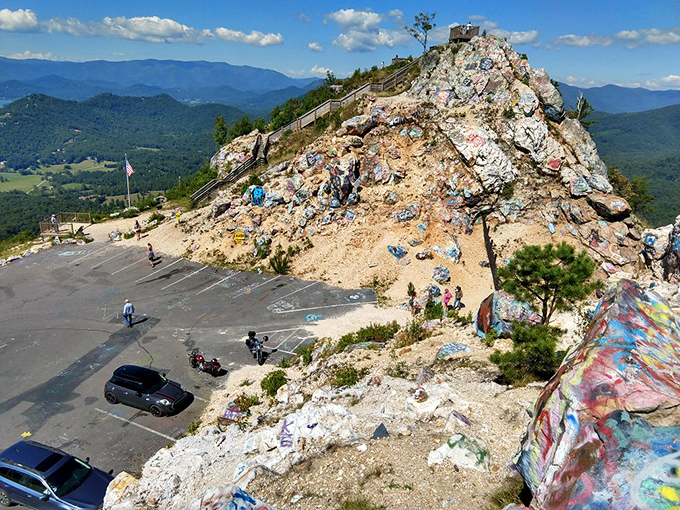 Parking with purpose. Bell Mountain's modest lot might be the only place where nobody minds the walk from their car—the payoff is just steps away.