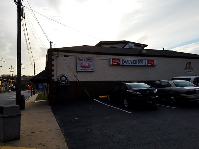 The parking area – where hungry pilgrims leave their vehicles before embarking on a sandwich journey worth every mile driven.