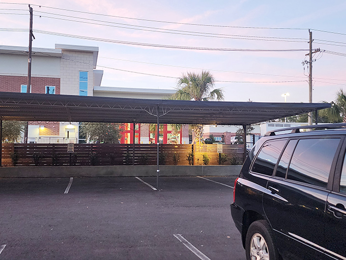 Even the parking lot feels inviting at dusk, with the warm glow of Humble beckoning hungry visitors toward pizza paradise.