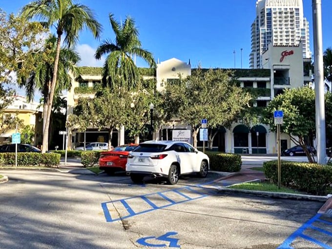 Even the parking area feels distinctly Miami Beach—palm trees standing guard over vehicles whose owners are about to have a memorable meal.